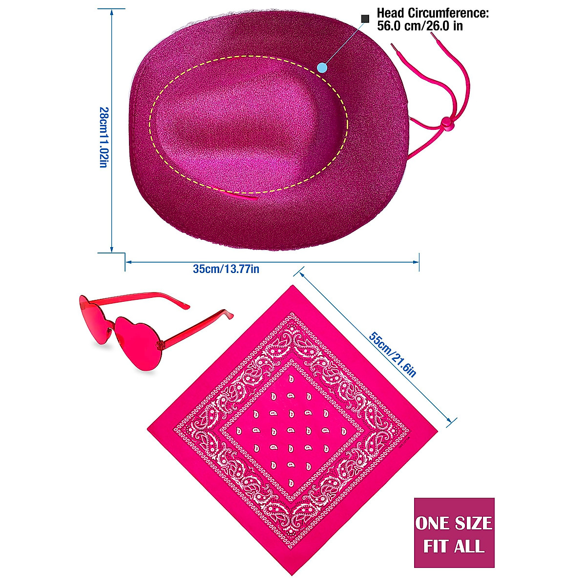 Cowboy Hat Pink Cowgirl Hat with Sequins & Tiara Crown for Women Rodeo Party Hats with Heart Glasses (Felt, Hot Pink)