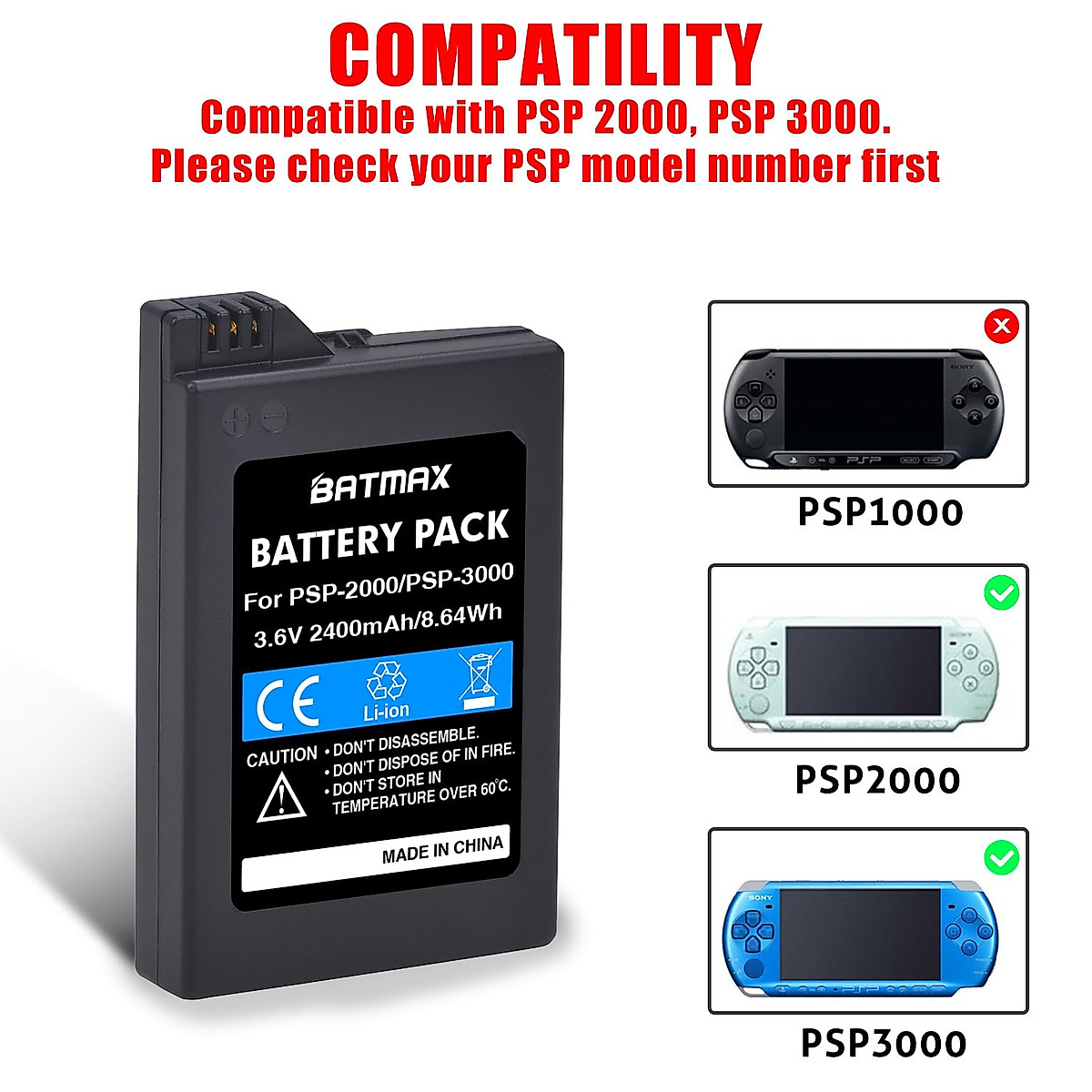 Batmax 2Pcs 2400mAh PSP-2000 Battery + LED Dual USB Charger with Type C Port for Sony PSP 2000 PSP 3000 PSP-2001 PSP-3001 PSP-3004 PSP-S110 PSP Lite PSP Slim Console