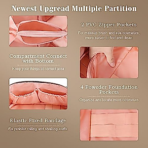 Travel Makeup Bag,Large Capacity Travel Cosmetic Bag for Women ,PU Leather Waterproof Travel Toiletry Bag with 2 PVC Brush Organizer,Portable Pouch Lay Flat Make Up Organizer Bag with Handle Divider