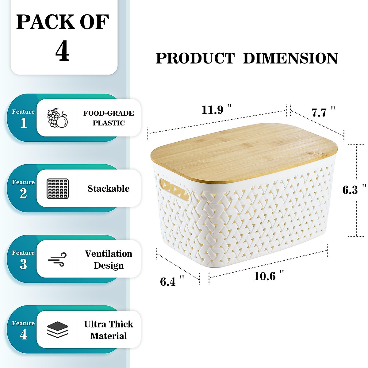 Plastic Storage Bins with Bamboo Lids Set of 4 - Pantry Organization and Storage Containers Storage Baskets - Stackable Storage Bins for Shelves Drawers Desktop Closet Playroom Classroom Office
