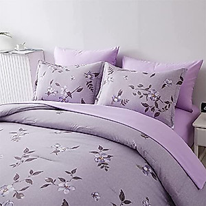 Yiran 7 Pieces Bed in a Bag Purple Botanical Plant Flowers Comforter Set Soft Microfiber Bedding Queen Comforter Sets with 1 Comforter 2 Pillowshams 1 Flat Sheet 1 Fitted Sheet and 2 Pillowcases