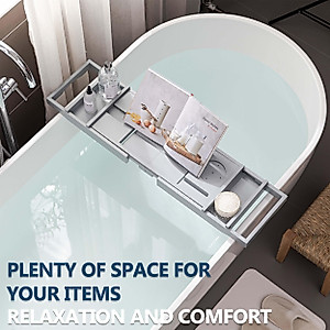 HBlife Foldable Bathtub Caddy Tray with Folding Slide-Out Arms - Expandable Bamboo Bath Table Tray with Book and Wine Glass Holder, Essential Bathroom Accessories for Home Spa