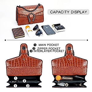 GLOD JORLEE Women's Stylish Chain Strap Crossbody Shoulder satchel Bags -Classic Stone Pattern Crocodile Pattern Leather Square Flap Handbag (Brown)