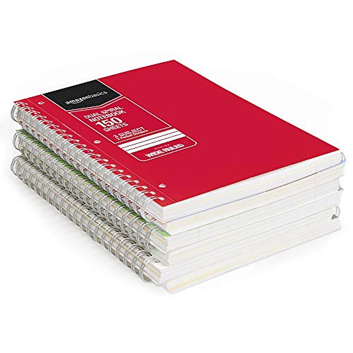 Amazon Basics Wide Ruled Wirebound 3-Subject 150-Sheet Notebook with Pocket Divider - Pack of 6, 10.5 x 8 Inch, Multi-Color