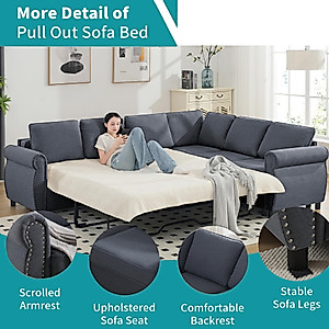 UPYOOE Sleeper Sofa Bed, Pull Out Couch with Mattress, 104'' 6 Seater Upholstery Sectional Couches, Modern Comfy L Shape Sofa Couch, Living Room Furniture for Living Room, Apartment, Studio, Grey