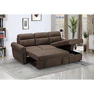 FANYE L-Shaped Oversized Reversible Convertible Tufted Sleeper Sectional Sofa with Pull Out Sleeper Couch Bed,Nailhead Decor Armrests and Storage Chaise for Living Room, Brwon Microfiber Sofabed
