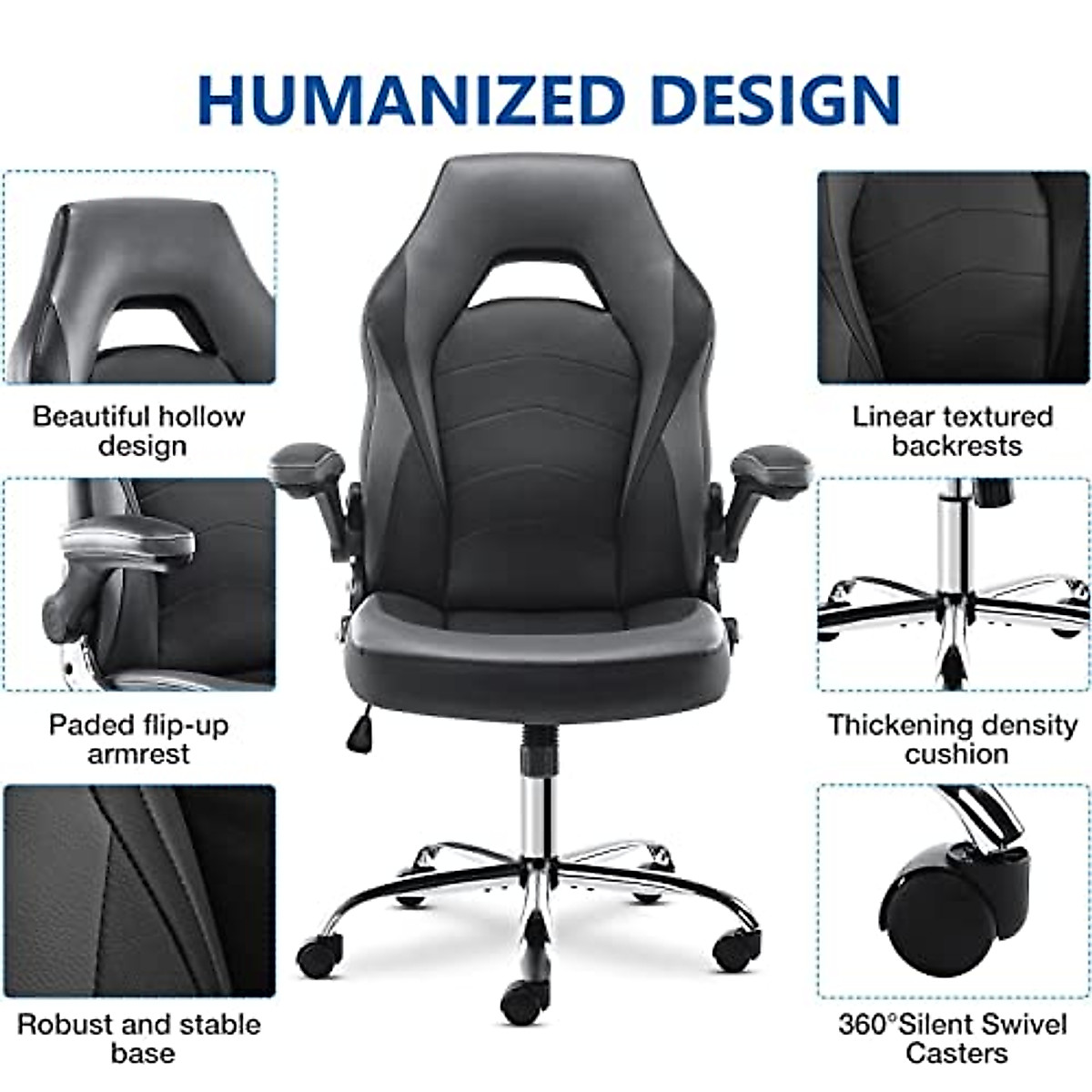 ZUNMOS Home Gaming Ergonomic Office Flip-up Armrest and Height Adjustable Desk Splicing PU Leather Computer Chair with Lumbar Support, Grey