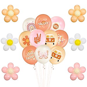 Hiboom 72 Pcs Groovy Retro Hippie Balloons Boho Daisy Party Balloons 12 Inch Rainbow Daisy Flower Butterfly Peace Sign Latex Balloons for Kids Girls Two Groovy Birthday Party Decoration Supply (Boho)