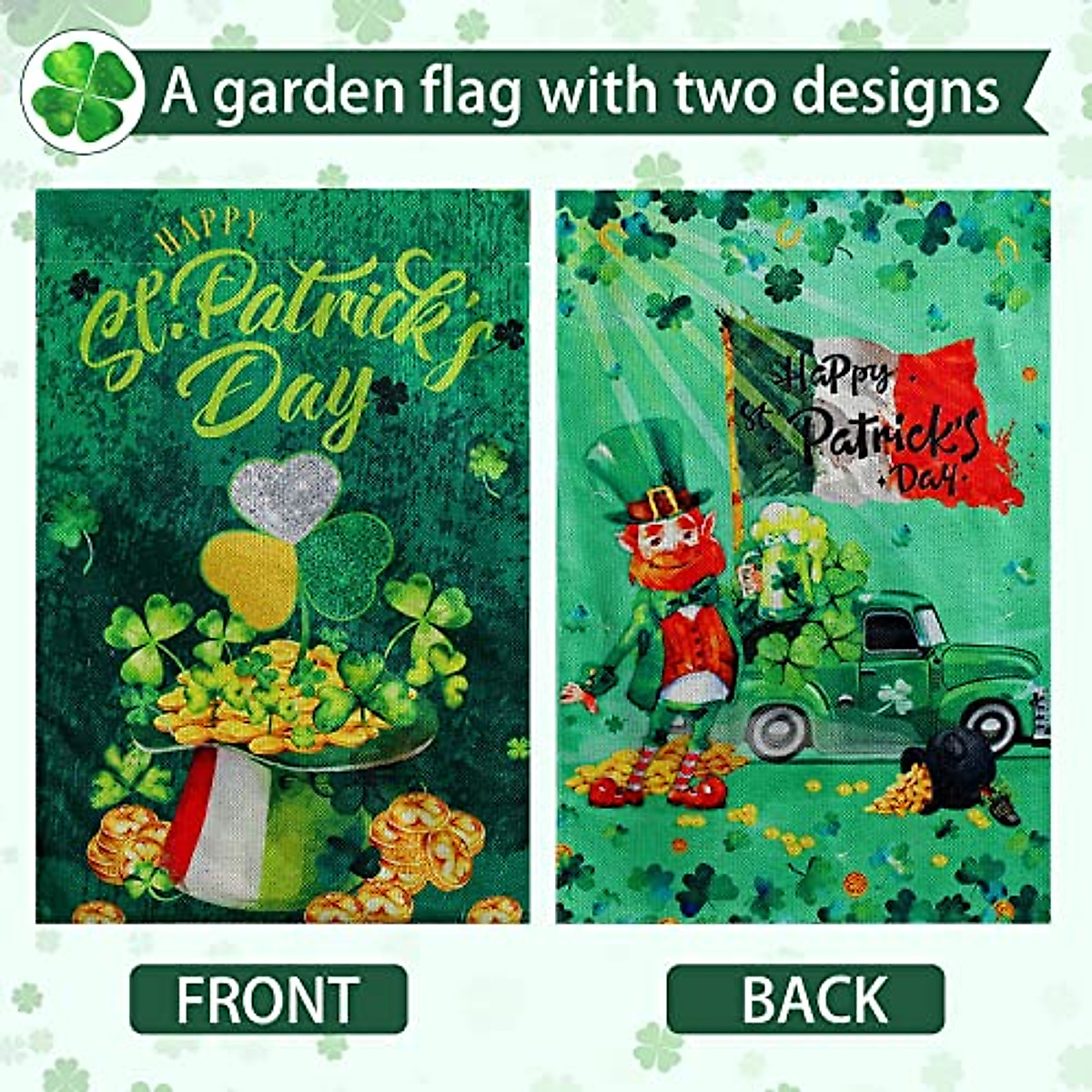 St Patricks Day Garden Flag with Lights, Irish Garden Flag Leprechaun Sat in the Irish Green Truck Flags, Shamrock Hat Flag Double Sided Yard Flags for Lawn Garden Outdoor Decorations (12 x 18 Inch)