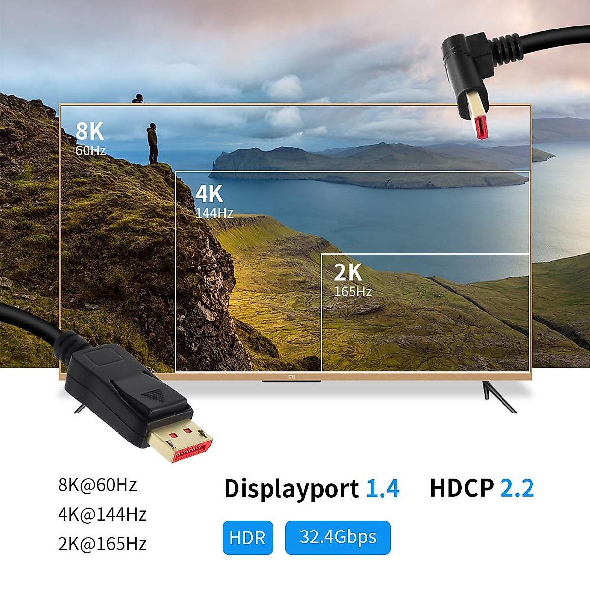 ALYYDBG Right Angle Displayport 1.4 Cable, Male to Male Corner DP 1.4 Cable Support 8K/60Hz, 4K@144Hz for DP Interface. 6FT/1.8M
