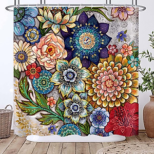 Neasow Boho Floral Shower Curtains for Bathroom, Bright Fabric Blossom Shower Curtain with 12 Hooks, Multi Color 72"×72"