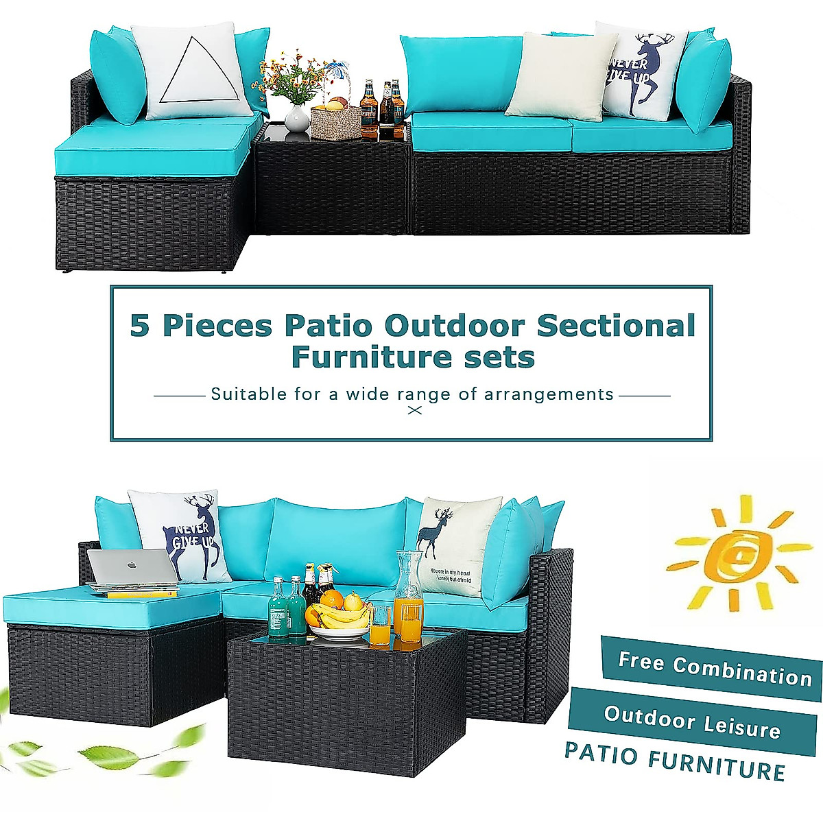 PRETZI 5 Pieces Patio Furniture Sets, Outdoor Sectional Sofa, All Weather Rattan Wicker Couch with Glass Table, Patio Conversation Set for Porch Backyard Garden Pool Deck Balcony