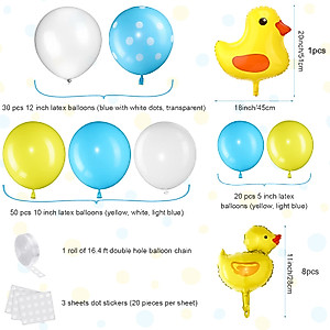 HyDren 113 Pcs Yellow Duck Balloon Arch Garland Kit 12 10 5 Inch Blue Yellow White Latex Balloons Mini Yellow Duck Foil Balloons for Baby Shower Decorations Rubber Duck Themed Birthday Party Supplies