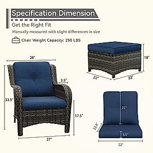 Gardenbee 4 Pieces Patio Conversation Set, Wicker Chairs Set of 2 and Two Ottomans with 3.5-inch Seat Cushions, High Back and Curved Armrest for Backyard, Balcony and Deck, Blue