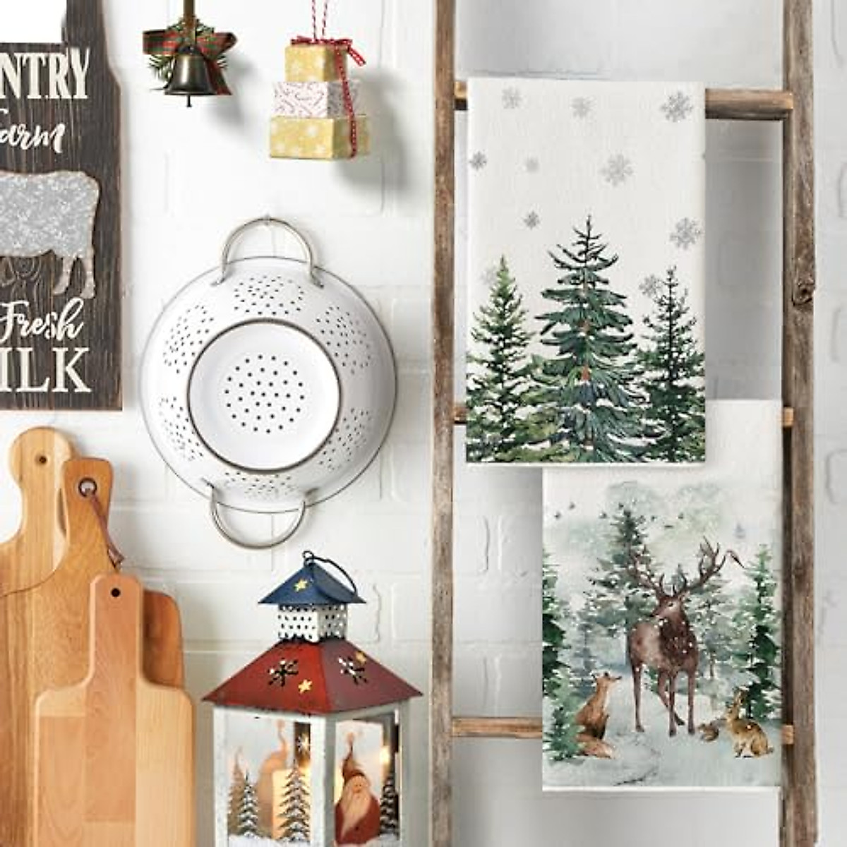 Artoid Mode Elk Trees Snow Hello Winter Kitchen Towels Dish Towels, 18x26 Inch Seasonal Christmas Decoration Hand Towels Set of 2