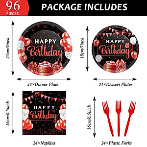 96 Pieces Red and Black Tableware Set Confetti Sprinkles Happy Birthday Party Decorations Table Decors for Men Women Plates Napkins Forks for 24 Guests