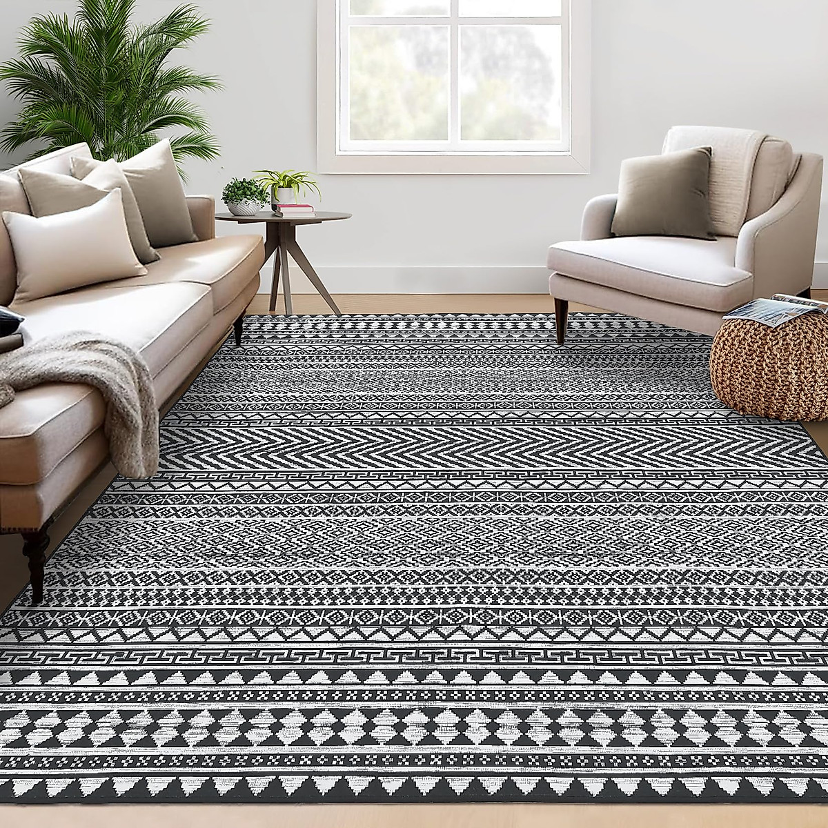 CAROMIO Washable Rug 8x10 Geometric Indoor Carpet Low Pile Non Slip Boho Farmhouse Rug Black Mororccan Throw Floor Cover Bohemian Rug for Living Room Bedroom Home Decor, Black