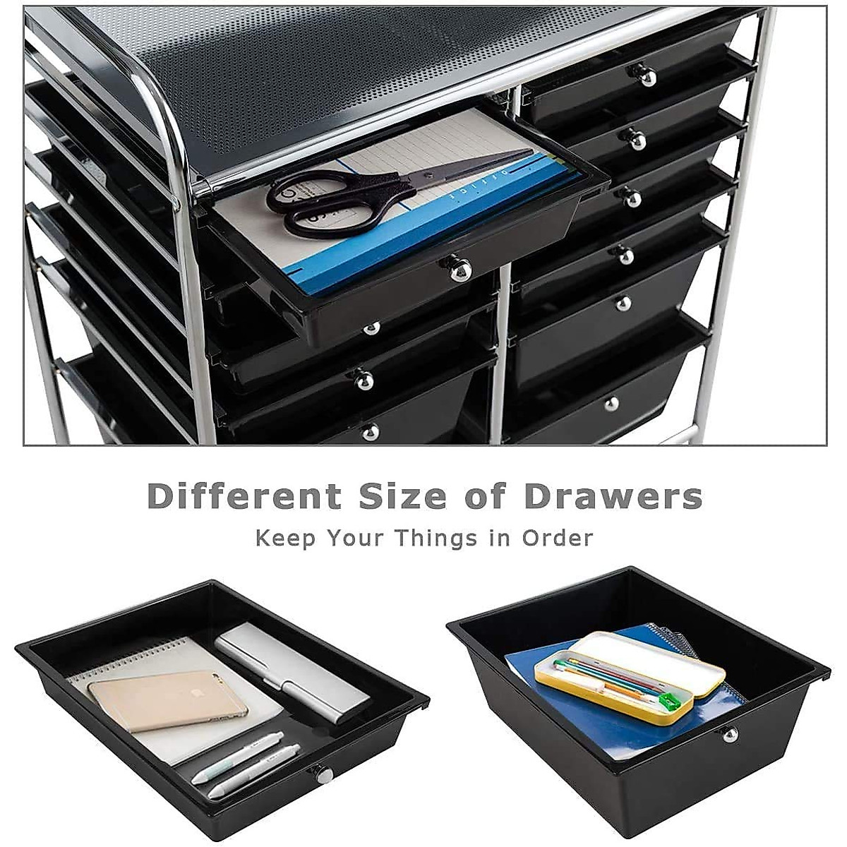 ReunionG 12-Drawer Storage Cart, Rolling Organizer with 4 Large & 8 Small Drawers, Steel Frame, Black