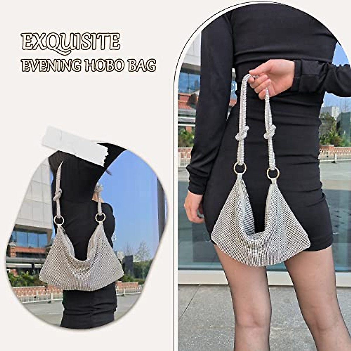 YUEARN Rhinestone Purse for Women, Sparkly Purse Evening Bag Bling Hobo Bag Shiny Silver Handbag for Clubs & Parties