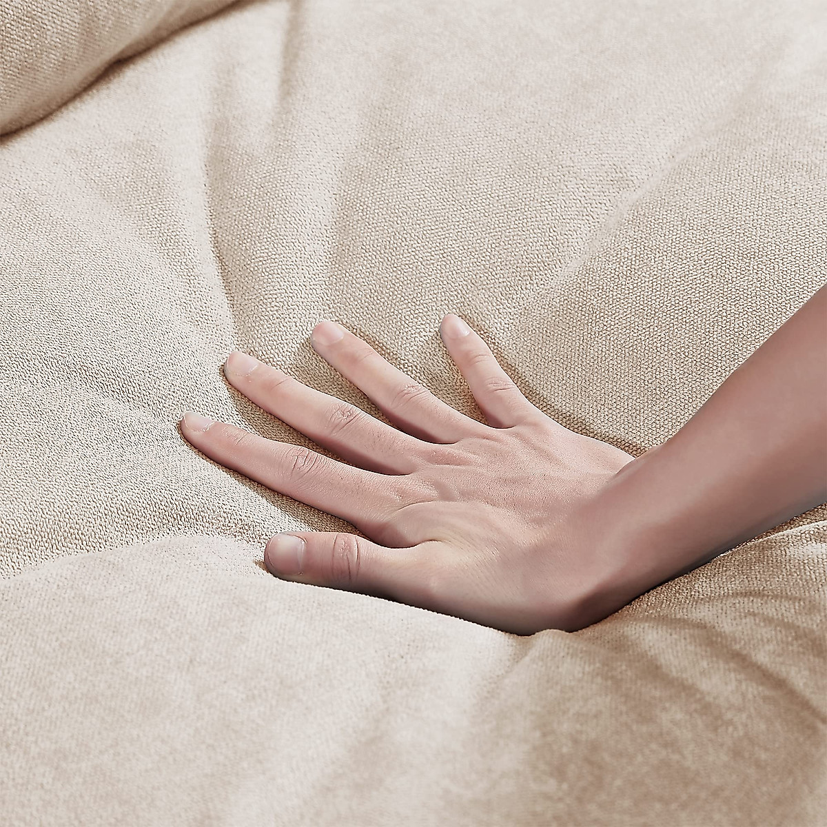 JULYFOX Feather Down Sectional Couch Beige, 130 in Wide L Sectional Couch Sofa with Reversible Chaise Lumber Support Square Armrest Polyester Fabric Corner Couch for Living Room