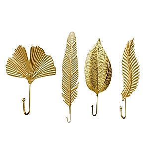Decorative Leaves Iron Hooks, Set of 4 Leaf Shaped Self Adhesive Wall Shower Curtain Coat Hooks, Modern Key Holder Wall Mounted Metal Iron Gold Single Prong Coat Hanger for Hallways, Living Room