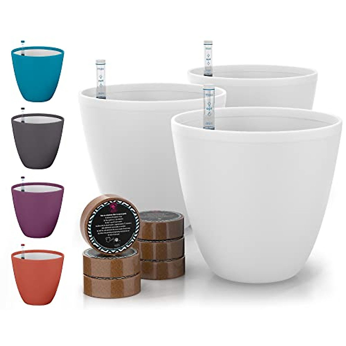 GARDENIX DECOR 7'' Self Watering planters for Indoor Plants - Flower Pot with Water Level Indicator for Plants, Grow Tracking Tool - Self Watering Planter Plant Pot - Coco Coir - White 3 Pack