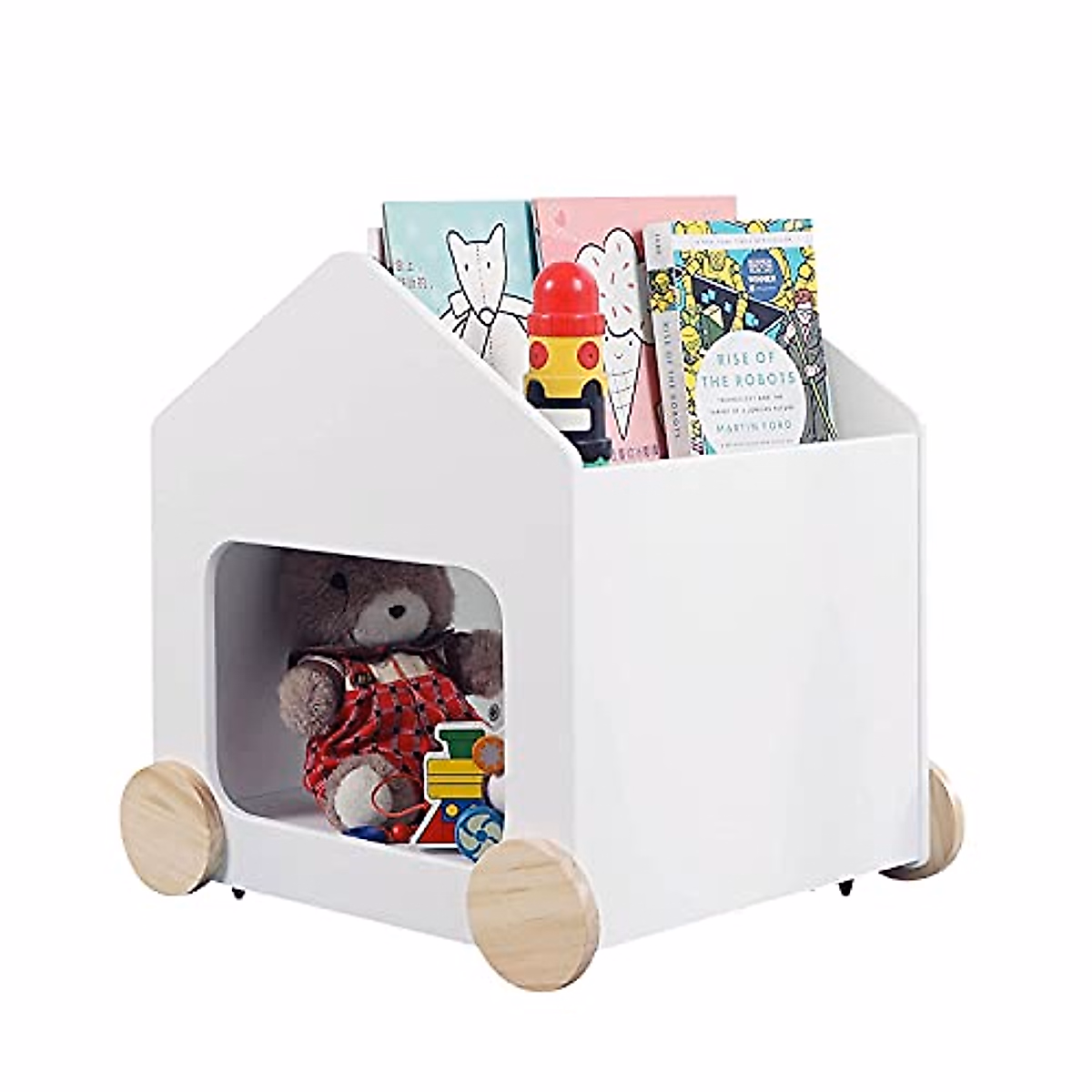 JOLIE VALLÉE TOYS & HOME Wooden Kids Bookshelf, 2 in 1 Children's Bookcase with Toy Storage, Baby Book Organizer with Wheels, Book Cabinet/Book Rack/Toy Box White