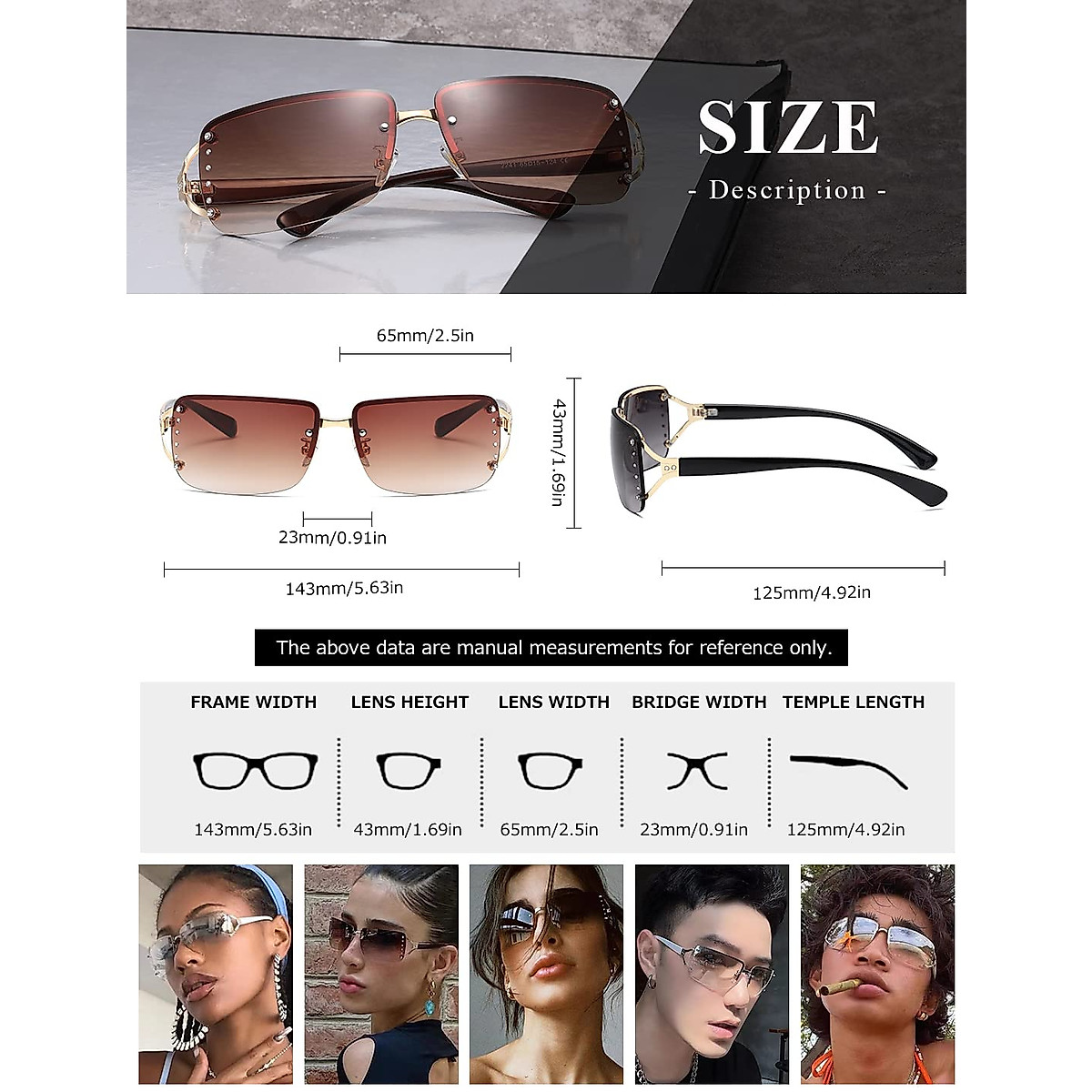 kimorn Rectangle Sunglasses for Women Men Stylish Rimless Frameless Trendy Retro Sun Glasses 90’s Vintage Square Frame K1314 (Gold Frame Gradient Brown & Grey Lens)