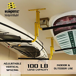 Suspenz Kayak Storage Rack, Ceiling/Under Deck Garage Hanger for 2 Kayaks and SUPs, Yellow, 11-7800