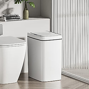Sooyee Bathroom Trash Can with Lid, 4.2 Gallon Slim Smart Trash Can, Small Plastic Trash Bin, 16 L Narrow Plastic Trash Can Waste Basket for Bedroom, Bathroom, Kitchen, Office,White