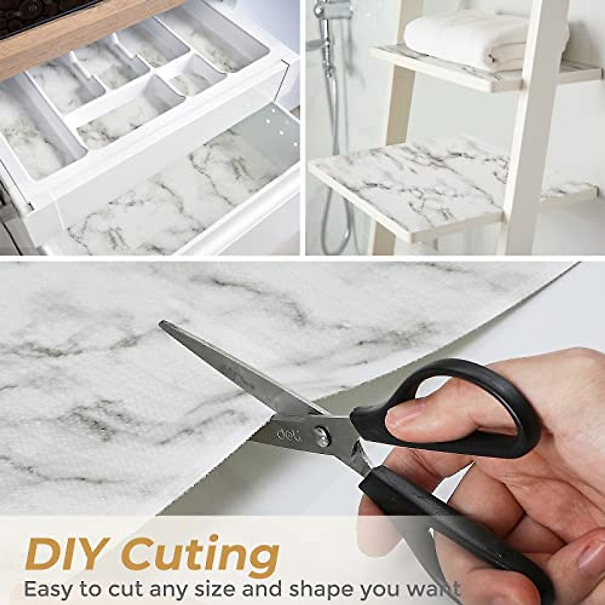 Drawer and Shelf Liner for Kitchen Cabinet: Non Adhesive Fridge Liner Washable Reusable Easy to Clean Strong Grip Liner for Cabinets, Dresser, Bathroom Cupboard Drawers, White Marble (12 in x 10 FT)