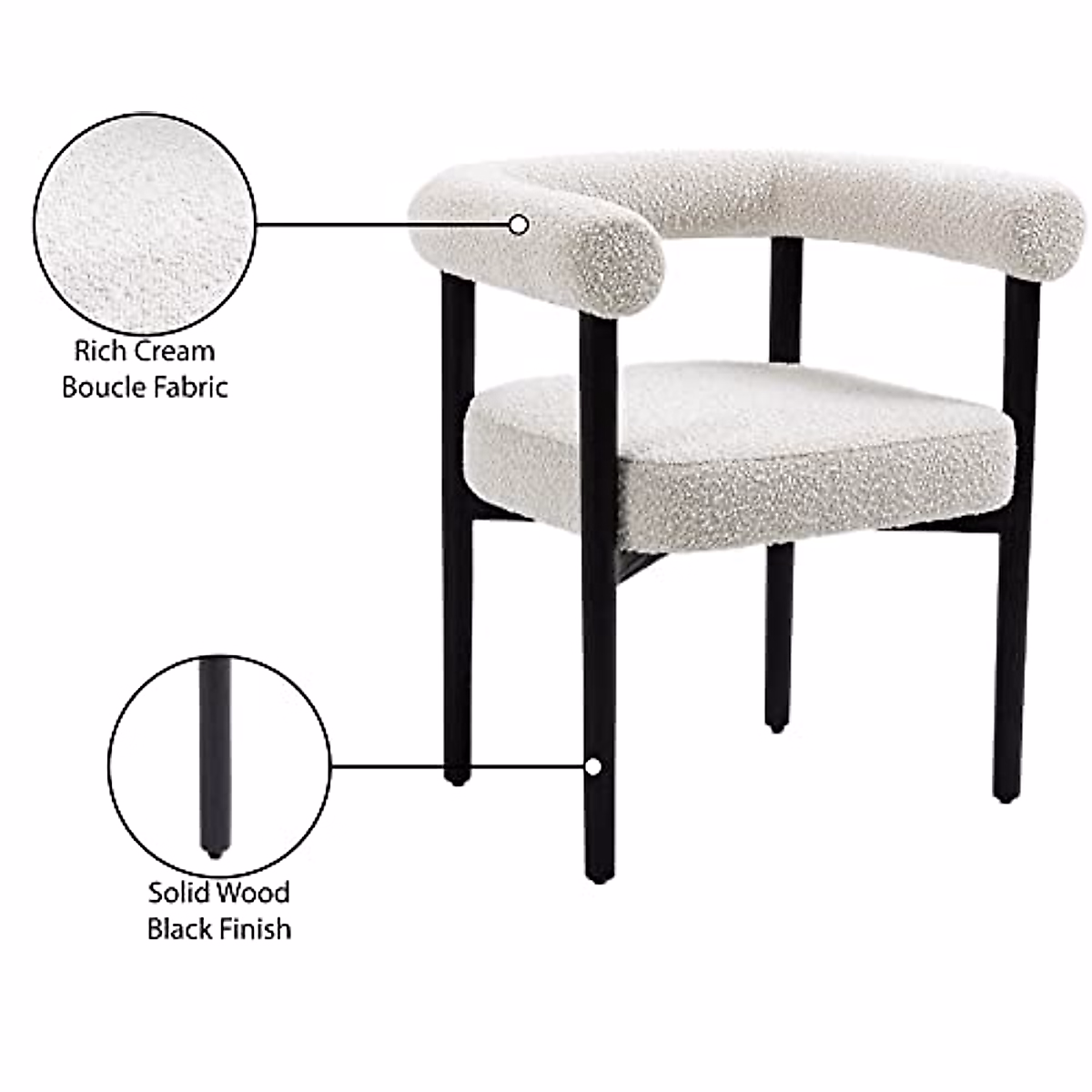 Meridian Furniture 560Cream-C Hyatt Collection Mid-Century Modern Dining Chair with Solid Wood Black Finish, Rich Cream Boucle Fabric, 26.5" W x 22" D x 28" H, Cream