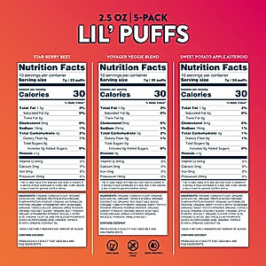 LesserEvil Lil' Puffs Variety Pack, Contains 2 Sweet Potato Apple, 2 Strawberry Beet, and 1 Veggie Blend, Organic Snacks for Kids, Rice-Free, 0g Sugar Per Serving, 2.5 Oz, (Pack of 5)