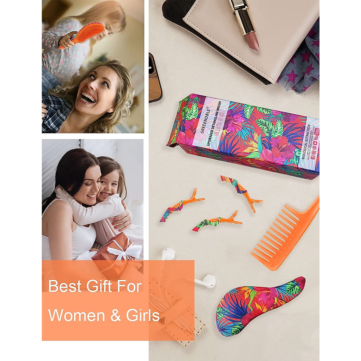 Detangling Hairbrush and Comb Set - Detangling Brush for Wet, Dry, Curly, Women & Kids Hair with Wide Tooth Comb and 3 Alligator Styling Sectioning Clips of Professional Hair Salon Quality (Tropica Plants)