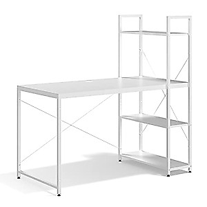 Ames 47" Reversible Gaming Computer Desk with Adjustable Shelves, Home Office Desk, Grommet Cable-Management, Leveler Feet, Easy Assembly, White/White