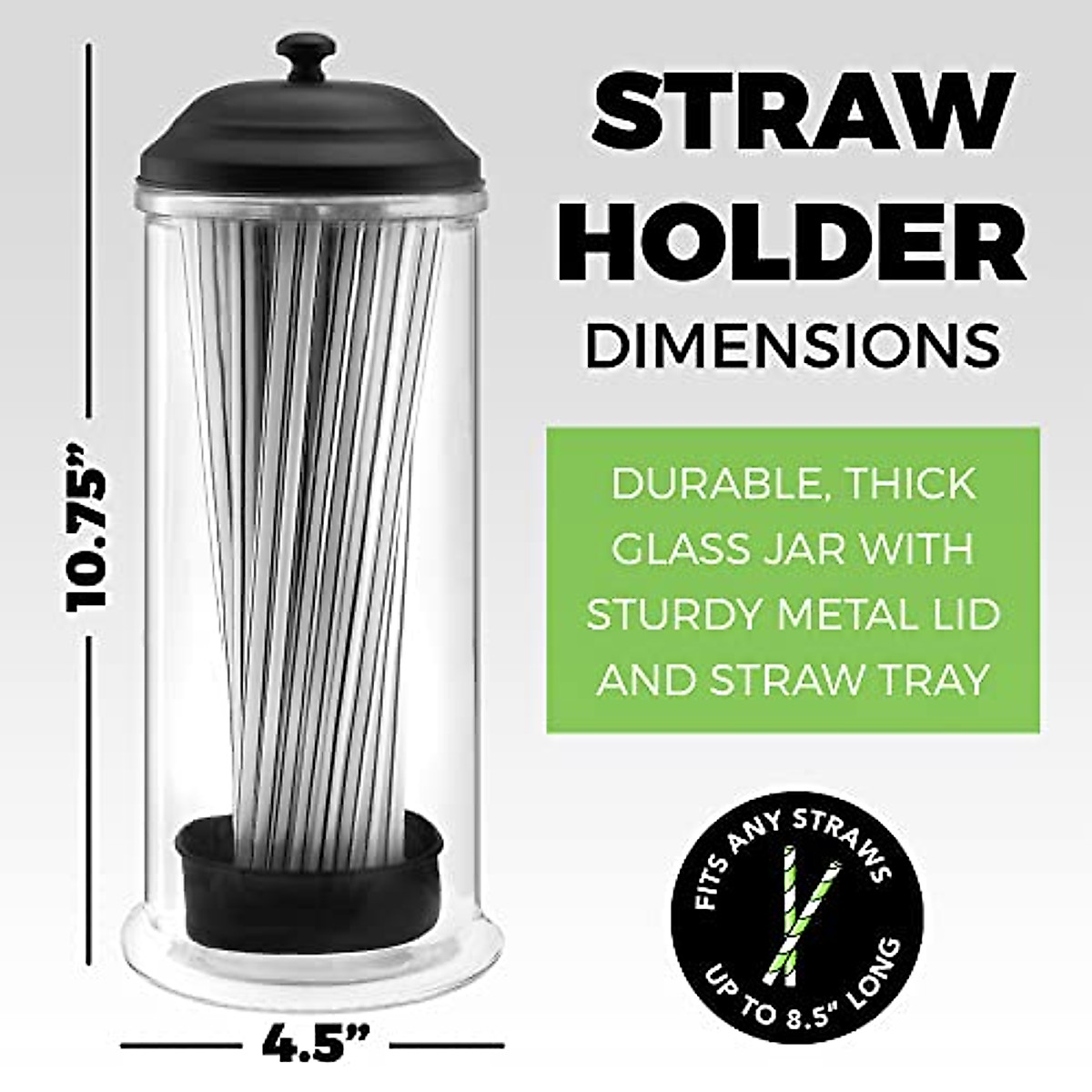 Straw Dispenser with Stainless Steel Lid | Glass Straw Holder for Counter with Lid | Drinking Straw Dispensers | Straw Container | Holds Straws up to 8.5 Inches, Black