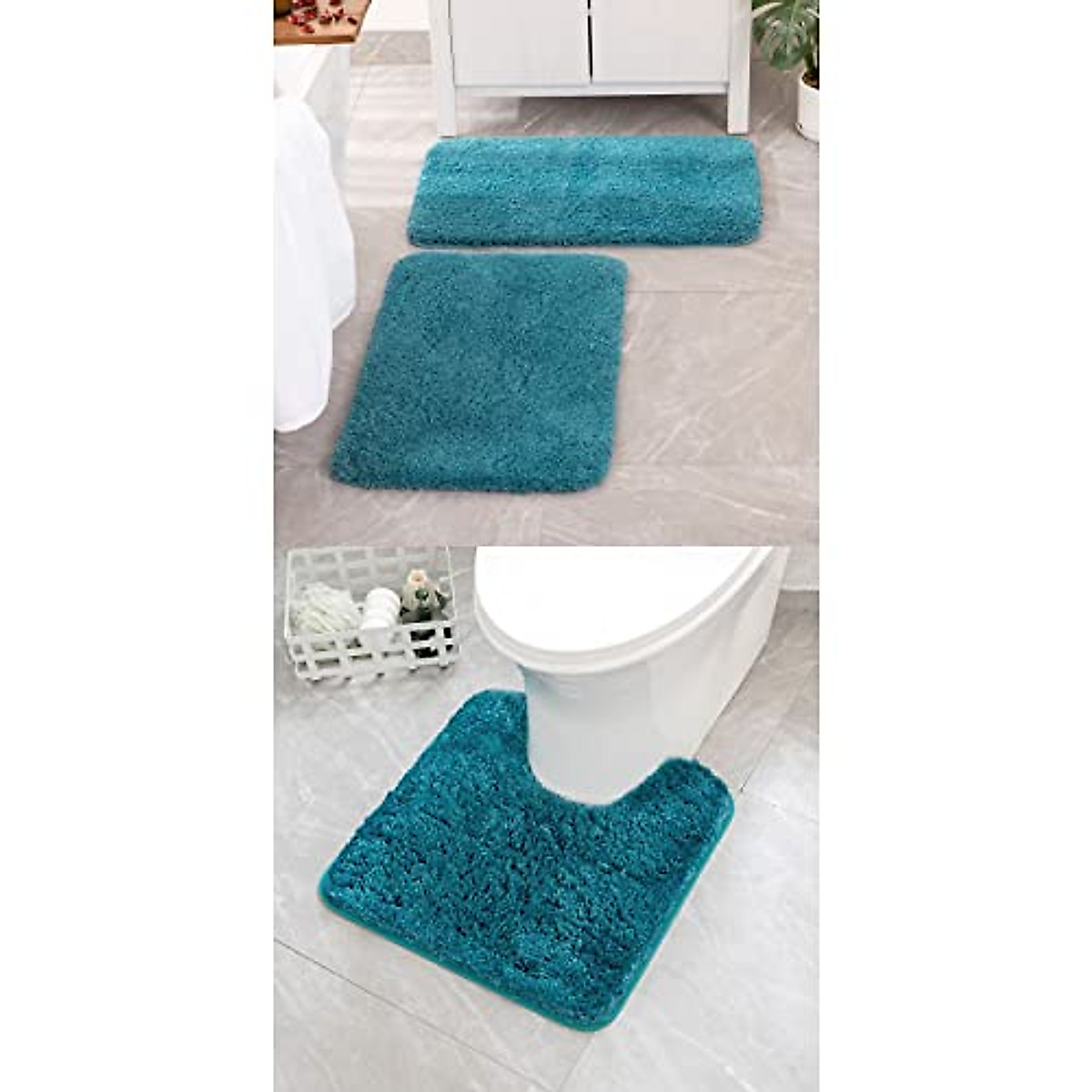 MIULEE Set of 2 Bathroom mats and Toilet Rugs, 16''x24''+16''x24''+20''x20''(U-Shaped), Non Slip Soft Rugs for Bath Tub Shower, Teal