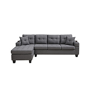 BIADNBZ Sectional Sofa L-Shape, Modern Furniture 4-seat Couch with Reversible Chaise Lounge, 2 Pillows and Cupholders Design, Suit for Living Room Office Apartment, Gray