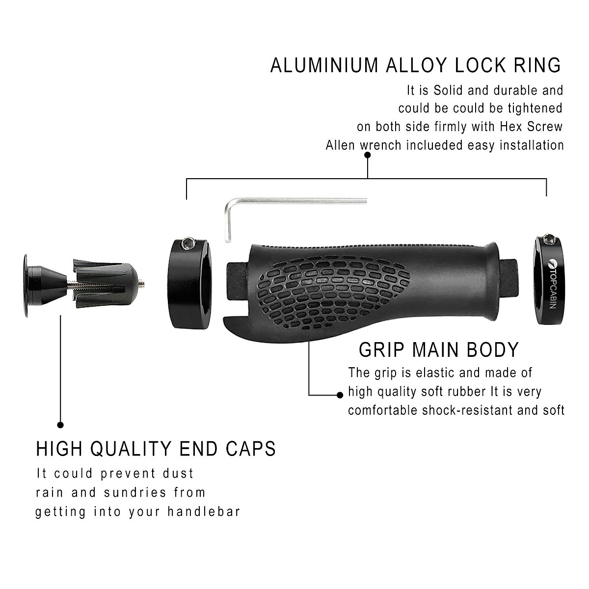 TOPCABIN Bike Grips,Ergonomic Design Bicycle Grips Widen Holding Rubber Bike Handlebar Grips with Aluminum LockGrips for Bike Mountain Road MTB ((Aluminum Lock Plug+Grips) Black 1 Pair)