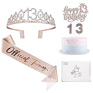 BEAN LIEVE 13th Birthday Decorations - Including 13th Birthday Sash, 13th Birthday Diamond Crown/Tiara, Birthday Candles and Cake Toppers, Rose Gold Maiden Gift 13th Birthday Celebration.
