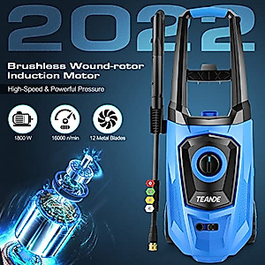 Power Washer, TEANDE MAX PSI Pressure Washer 1.9GPM 1800W Electric High Pressure Washer Professional Car Washer Cleaner Machine with Hose Reel ,5 Nozzles for Patio Garden Yard Vehicle