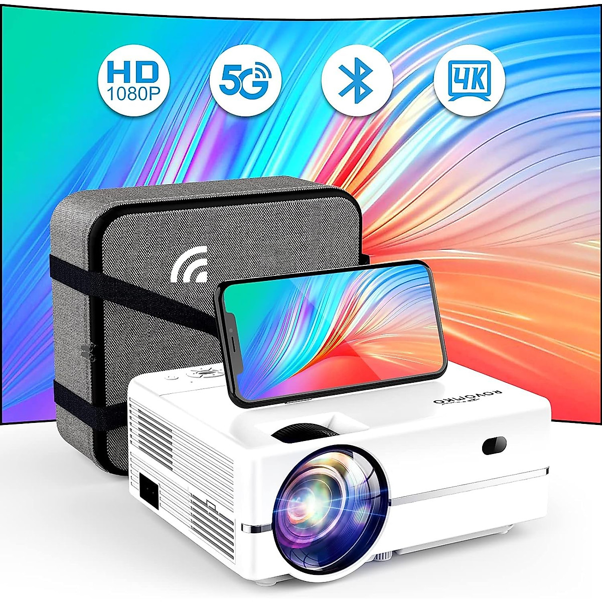 Projector, ROVOMKO Projector with WiFi and Bluetooth 4K Support, 13000 Lumens,2.4G&5G Two-Channel WiFi, Max Display 350", Home Projector Compatible w/iOS/Android/Win/PS5,Carry Bag Included