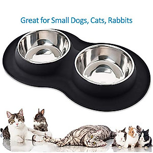Roysili Double Dog Bowl Pet Feeding Station, Stainless Steel Water and Food Bowls with Non Skid Non Spill Silicone Mat, Premium Quality Dog Bowl Holder for Small Medium Dogs Cats Puppy (Small, Black)