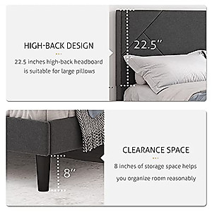 SHA CERLIN Queen Size Bed Frame with Geometric Upholstered Headboard, Platform Bed with 8 Inches Under-Bed Space, Wood Slats Support, Noise Free, No Box Spring Required, Grey