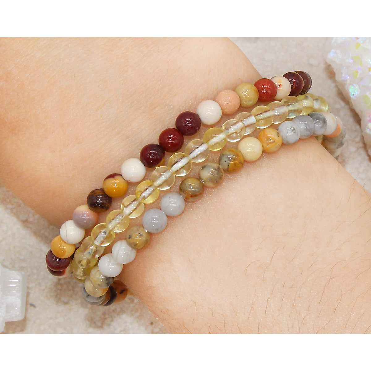 Joy Happiness Attract Positive Energy Stackable Beaded Gemstone Crystal Bracelet Set - Solar Plexus - Citrine, Crazy Lace Agate, Mookaite