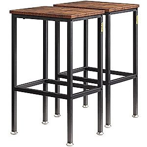 VEVOR Rustic Bar Stools, 25.6” Tall Rectangle Seat, Set of 2 Bar Chairs with Footrest Steel Frame Adjustable Feet, Wooden Industrial Kitchen Stool for Kitchen Dining Living Room, Rustic Brown