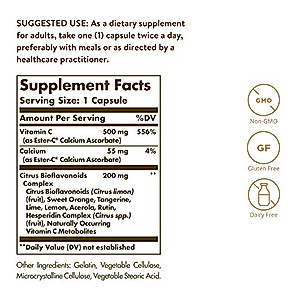 Solgar Ester-C Plus 500 mg Vitamin C with Citrus Bioflavonoids - 90 Capsules - Gentle & Non Acidic, Well Retained - 24-Hour Immune Support - Non-GMO, Gluten Free - 90 Servings