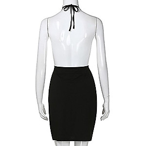 Women's Sexy Deep V Neck Backless Bodycon Dress Halter Neck High Slit Lace Up Mini Night Club Dress (Black, M)