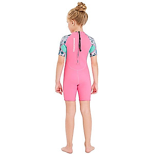 Wetsuit Kids Shorty Neoprene Thermal Diving Swimsuit 2.5MM for Girls Boys Child Teen Youth Toddler, One Piece Children Rash Guard Swimming Suit UV Protection Sunsuit for Surfing (Girl Pink, L)