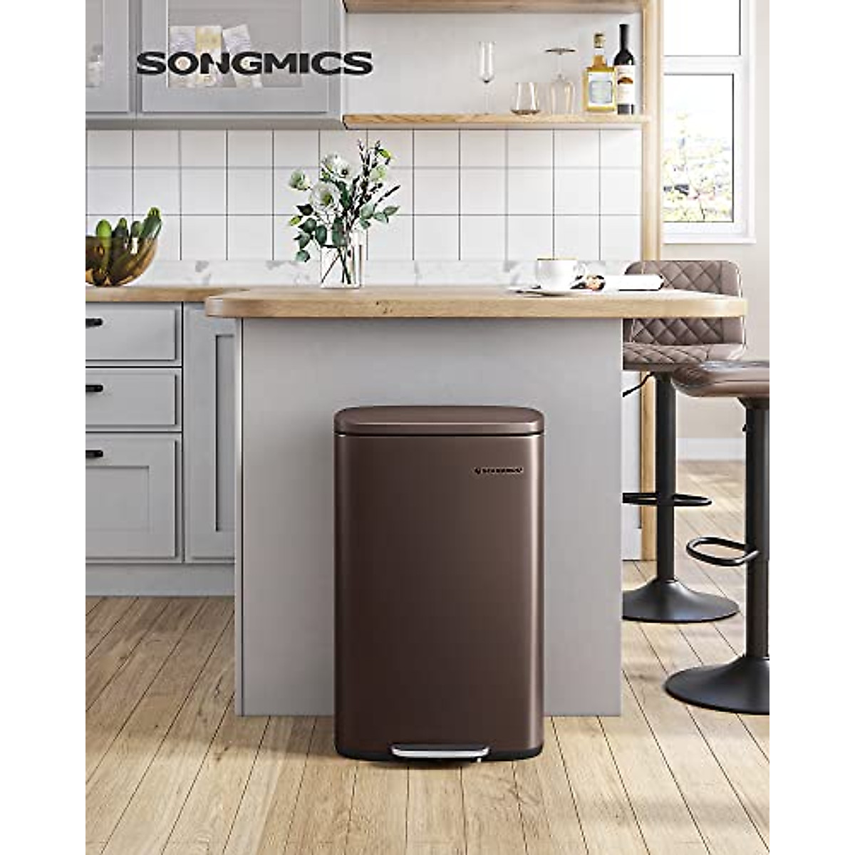 SONGMICS 13 Gallon Trash Can, Stainless Steel Kitchen Garbage Can, Recycling or Waste Bin, Soft Close, Step-On Pedal, Removable Inner Bucket, Brown ULTB50BR